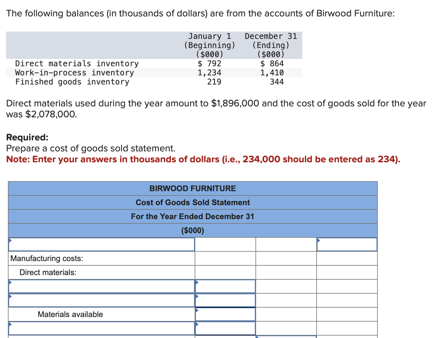 Solved The following balances (in thousands of dollars) ﻿are | Chegg.com