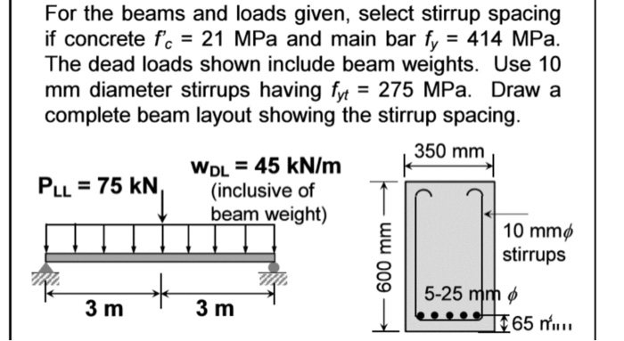 Solved For the beams and loads given, select stirrup spacing | Chegg.com