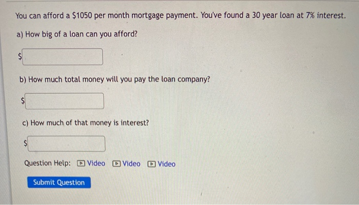 Solved You can afford a $1050 per month mortgage payment. | Chegg.com
