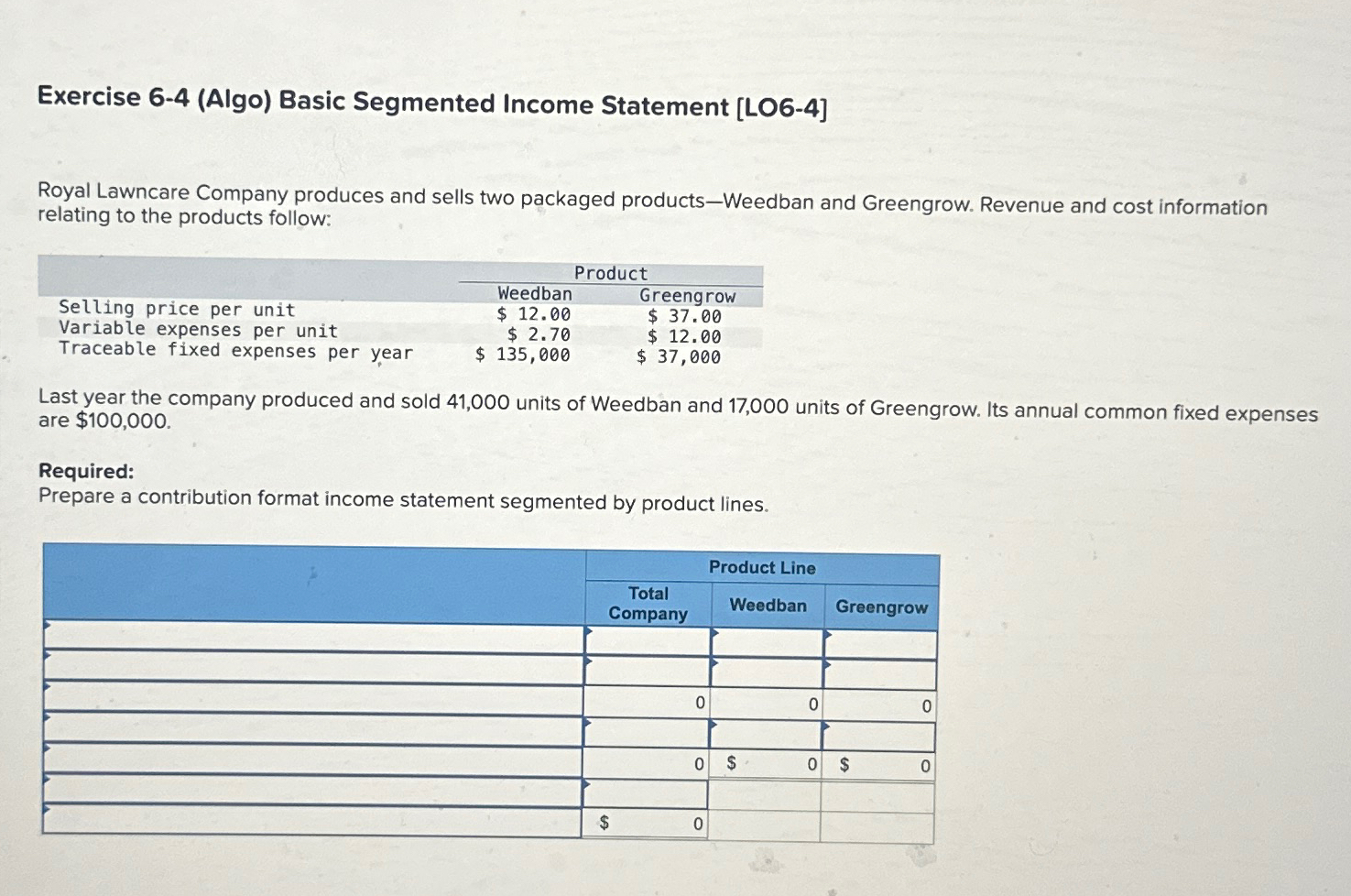 Solved Exercise 6-4 (Algo) ﻿Basic Segmented Income Statement | Chegg.com