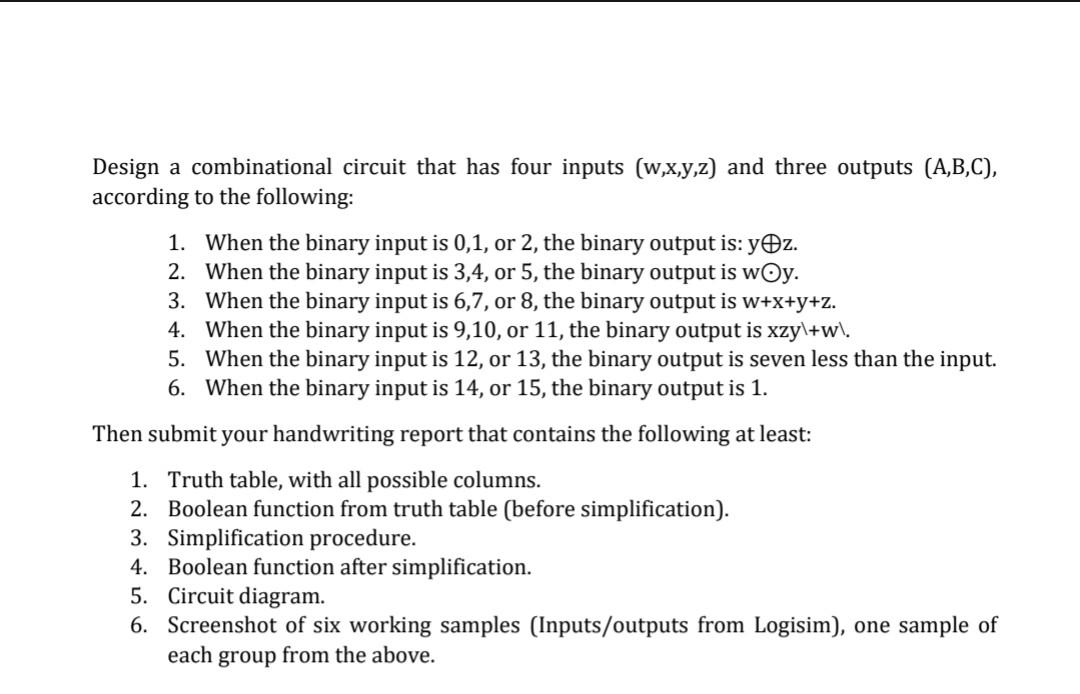 Solved Design a combinational circuit that has four inputs | Chegg.com