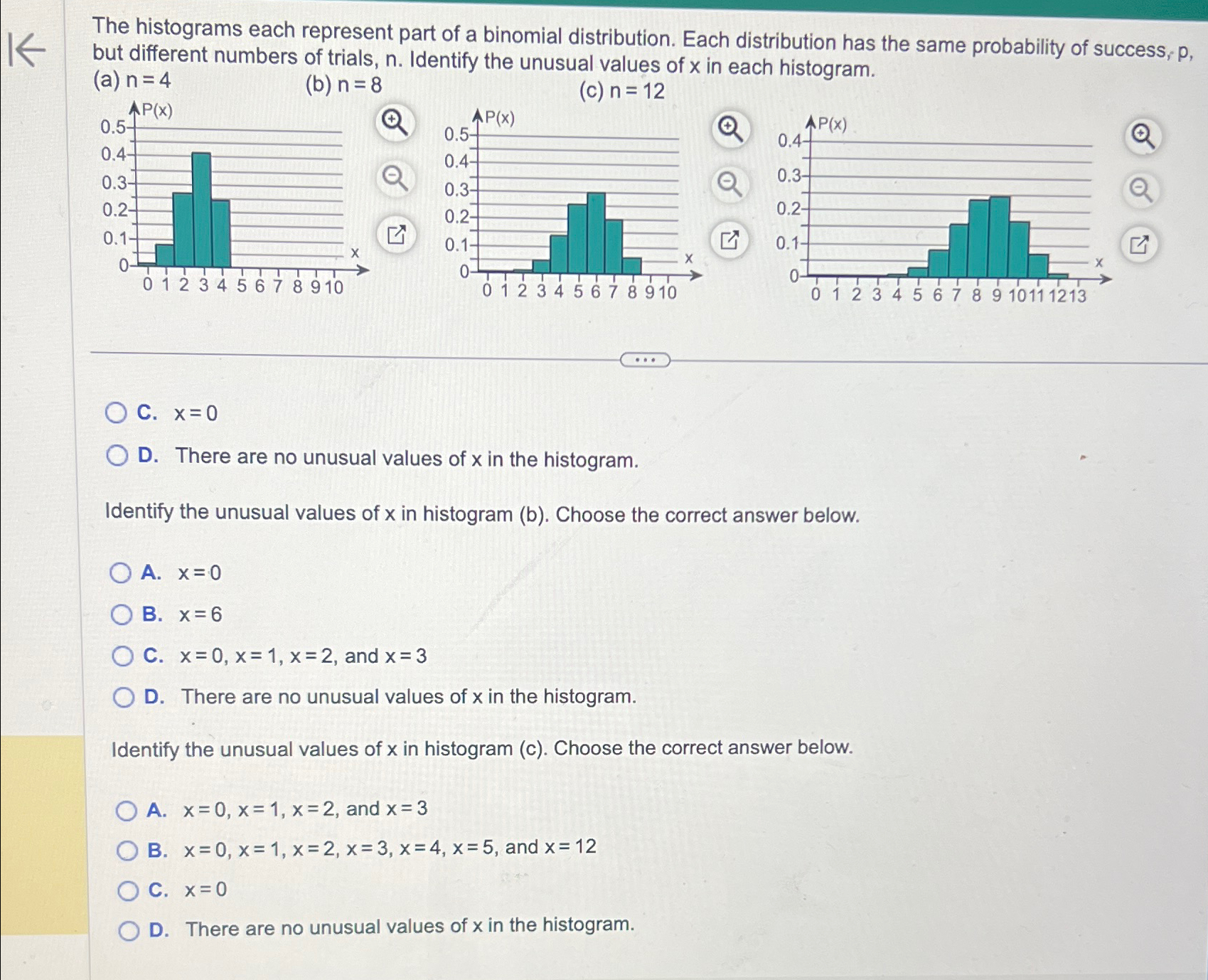 Solved The histograms each represent part of a binomial | Chegg.com
