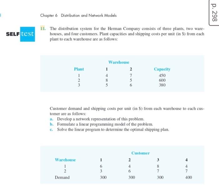 Solved Chapter 6 Distribution and Network Models p. 298 SELF | Chegg.com