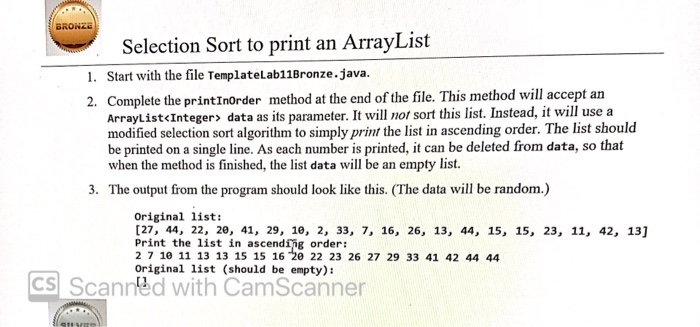 Solved BRONZE Selection Sort to print an ArrayList 1. Start | Chegg.com
