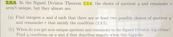 Solved 2.3.4. In the Signed Division Theorem 2.3.4, the | Chegg.com