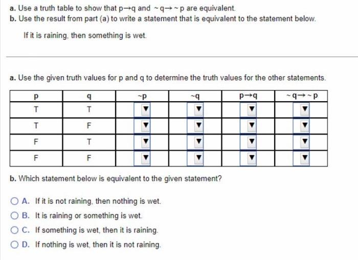 Solved a. Use a truth table to show that p→q and ∼q→∼p are | Chegg.com