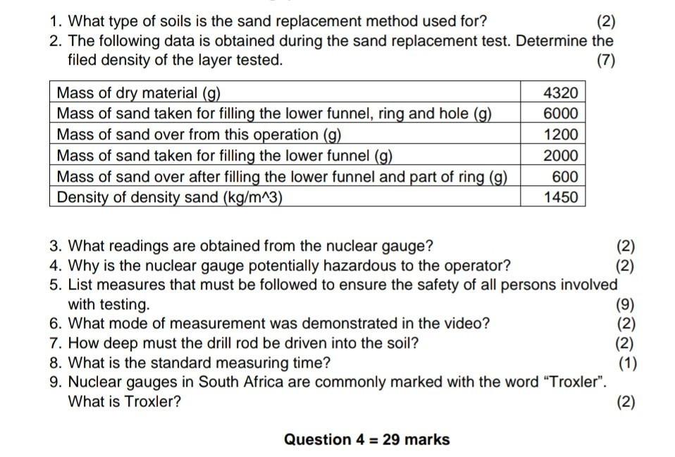 Solved 1. What type of soils is the sand replacement method | Chegg.com