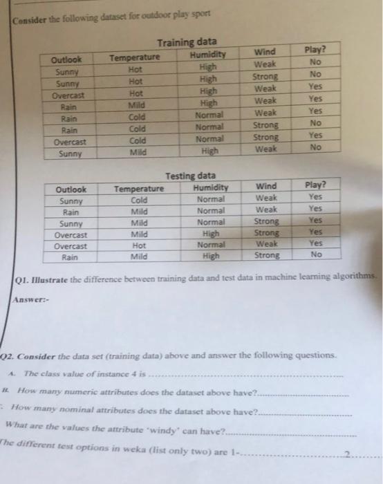 Cansider the following dataset for outdoos play sport | Chegg.com