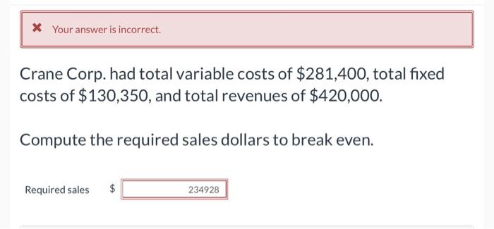 Solved Crane Corp. had total variable costs of $281,400, | Chegg.com