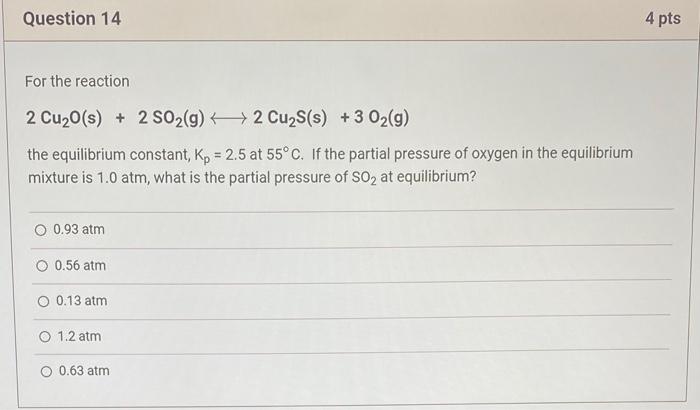Solved For the reaction 2Cu2O(s)+2SO2( g) 2Cu2 S( s)+3O2( g) | Chegg.com