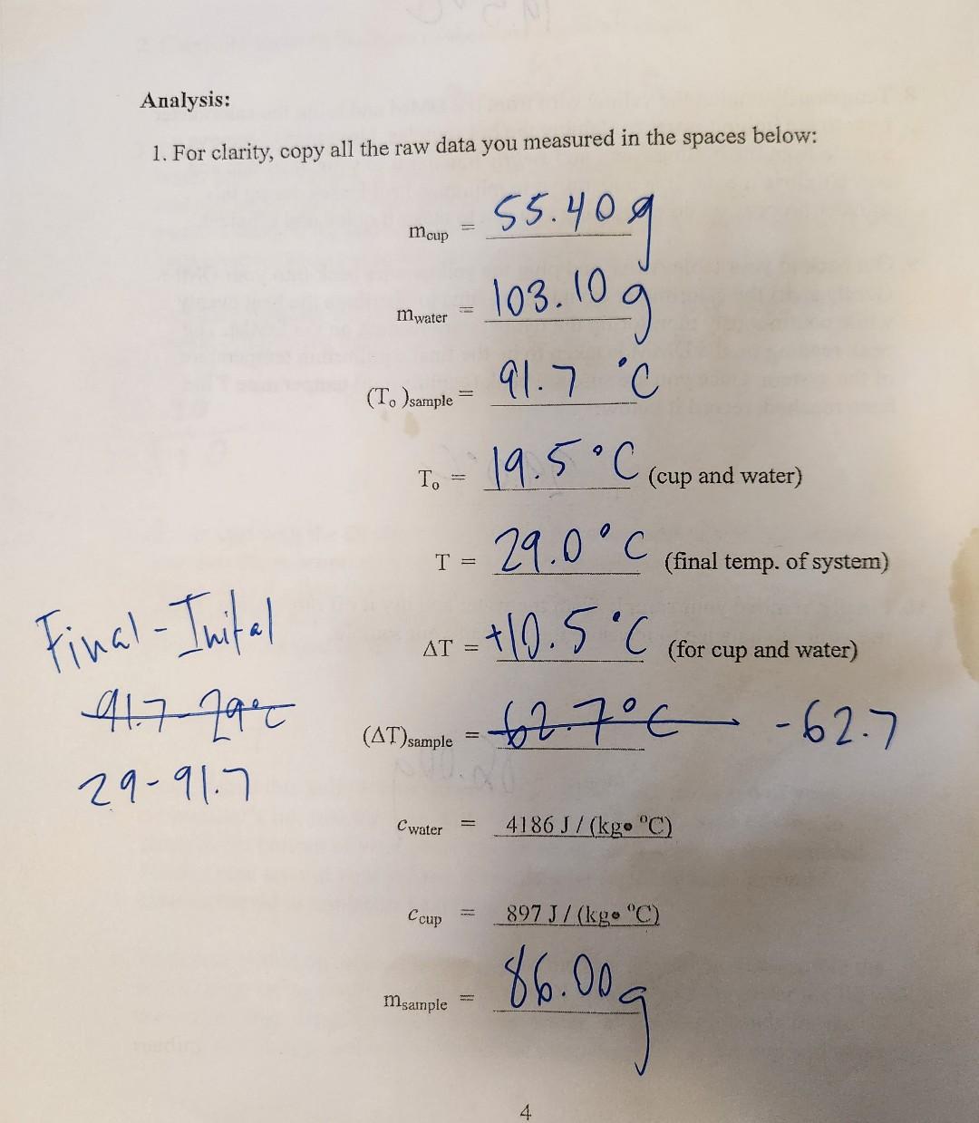 Solved Analysis: 1. For clarity, copy all the raw data you | Chegg.com