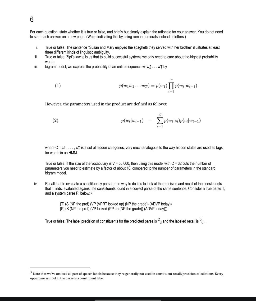 Solved For each question, state whether it is true or false, | Chegg.com
