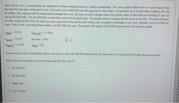 Solved Tiger Towers, Inc. is considering an expansion of | Chegg.com