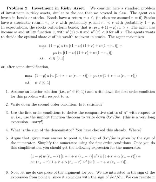 1Problem 2. Investment in Risky Asset. We consider | Chegg.com