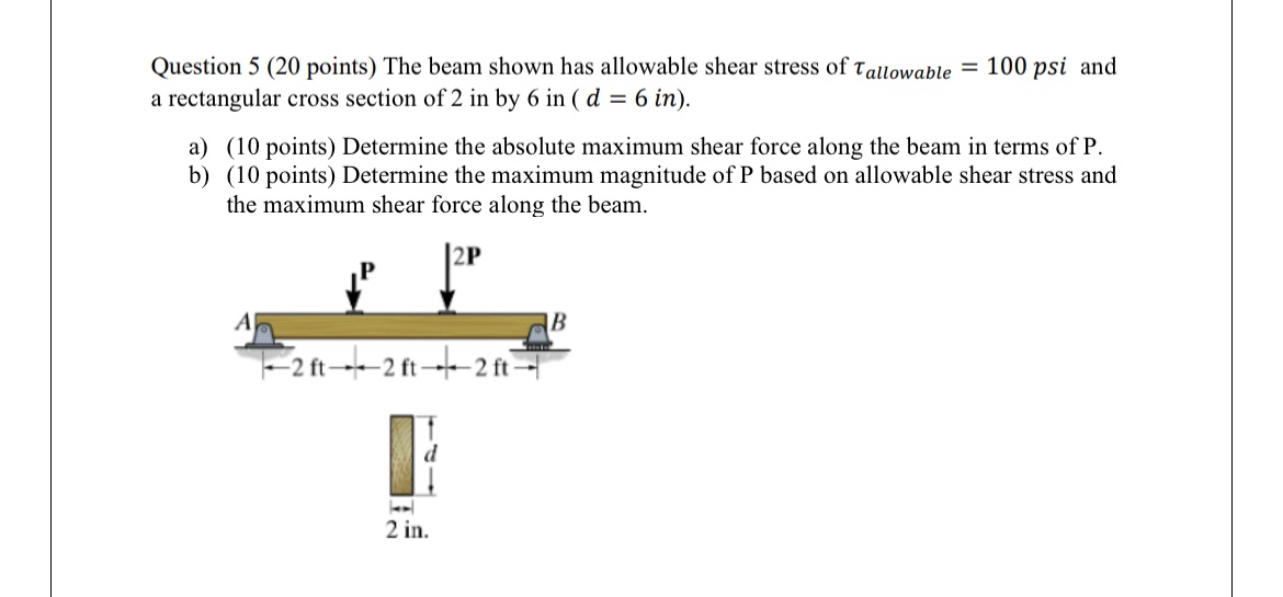 Solved Question 5 (20 ﻿points) ﻿The beam shown has allowable | Chegg.com