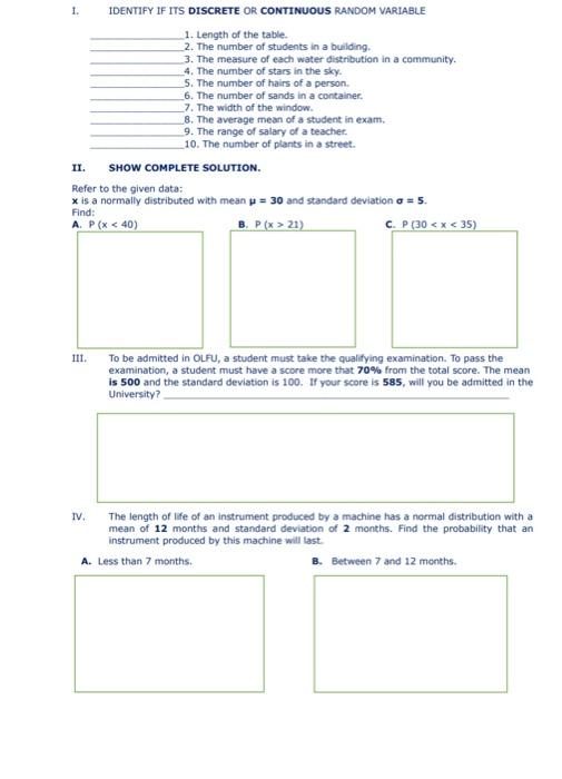 Solved 1. IDENTIFY IF ITS DISCRETE OR CONTINUOUS RANDOM | Chegg.com