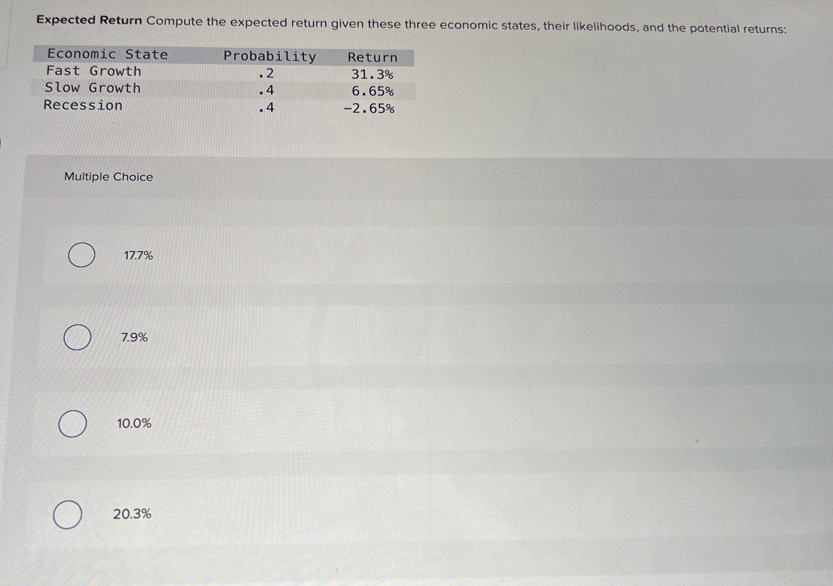 Solved Expected Return Compute the expected return given | Chegg.com Solved Expected Return Compute the expected return given | Chegg.com