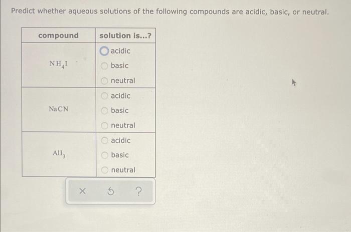 Solved Predict whether aqueous solutions of the following | Chegg.com