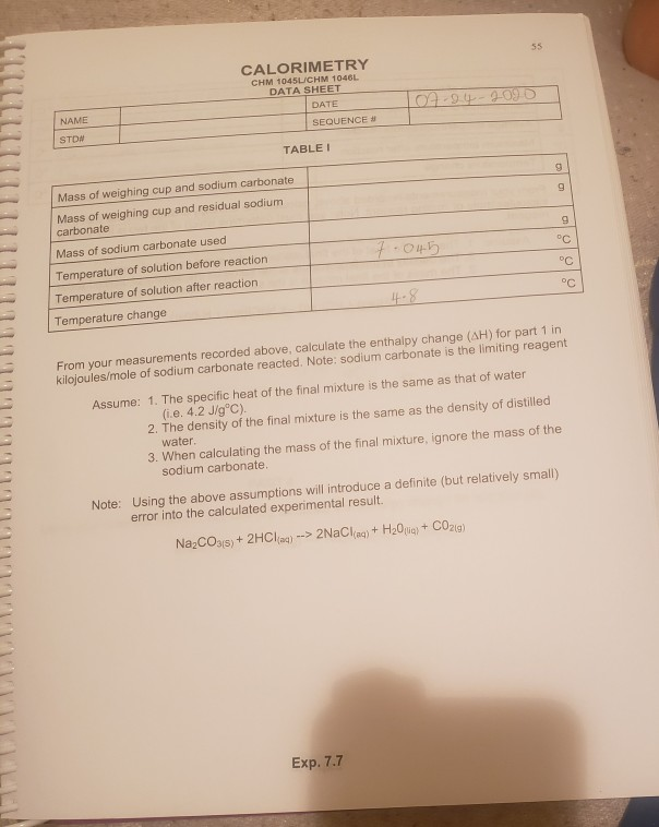 49 Experiment #7 CALORIMETRY CHM 1045L/CHM 1046L | Chegg.com