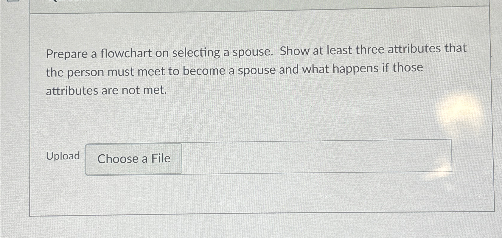 Solved Prepare a flowchart on selecting a spouse. Show at | Chegg.com