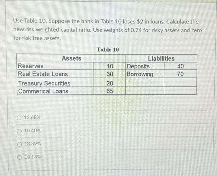 Solved Use Table 10. Suppose the bank in Table 10 loses $2 | Chegg.com