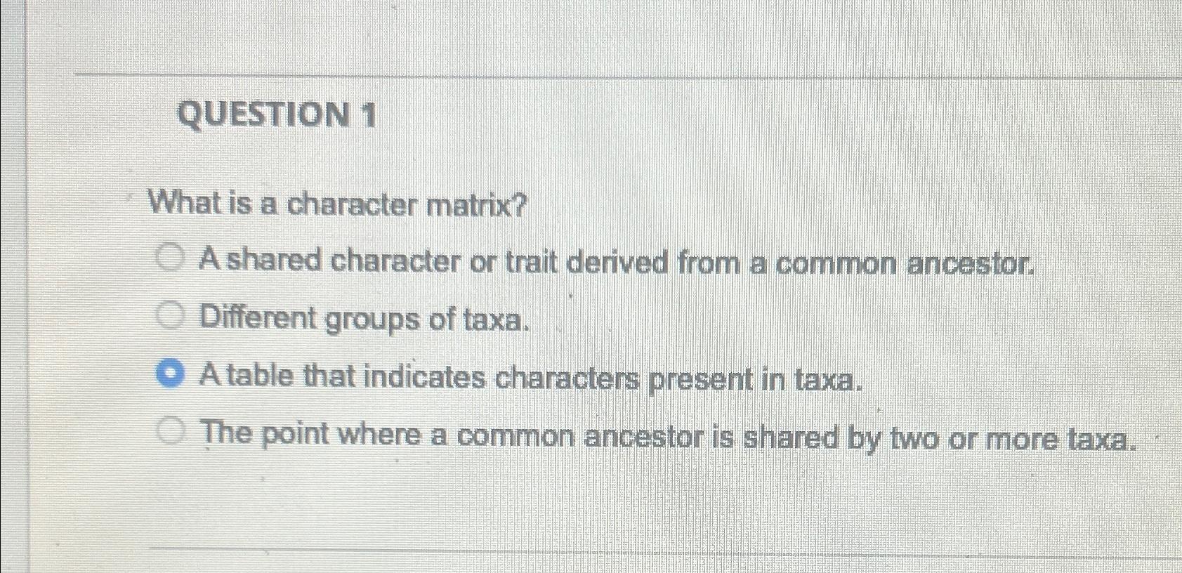 Solved QUESTION 1What is a character matrix?A shared | Chegg.com