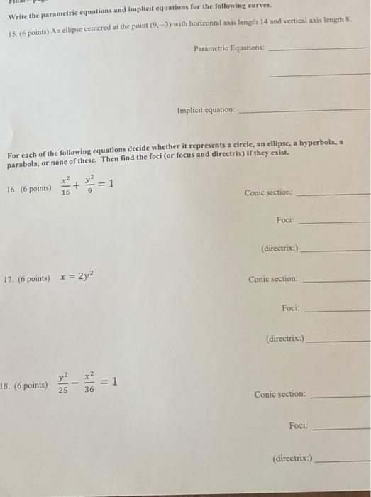 Solved Write the parametric equations and implicit equations | Chegg.com