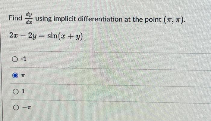 Solved Find dxdy using implicit differentiation at the point | Chegg.com