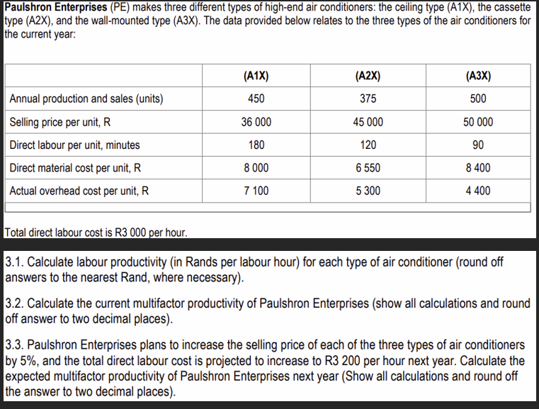 Solved 3.1. ﻿Calculate labour productivity (in Rands per | Chegg.com