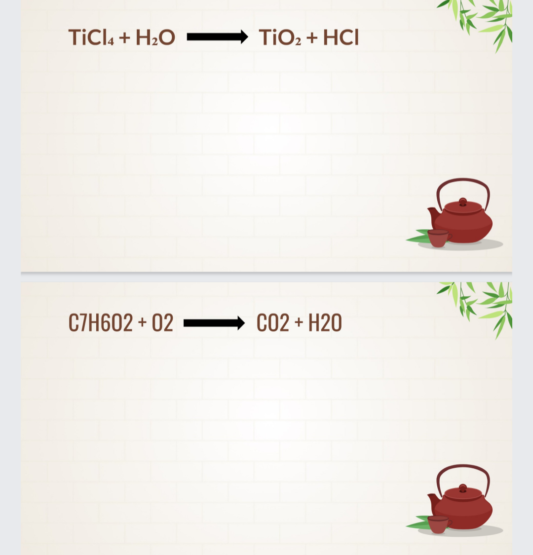 Solved TiCl4 + H2O TiO2 + HCI 지 CH602 + 02 CO2 + 120 | Chegg.com