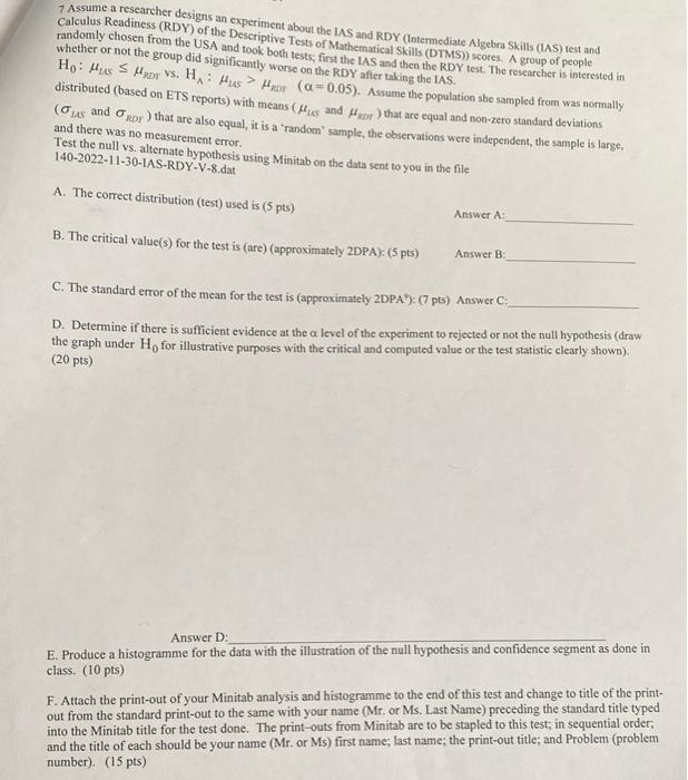 Calculus Readiness (RDY) of the Deseriment about the | Chegg.com