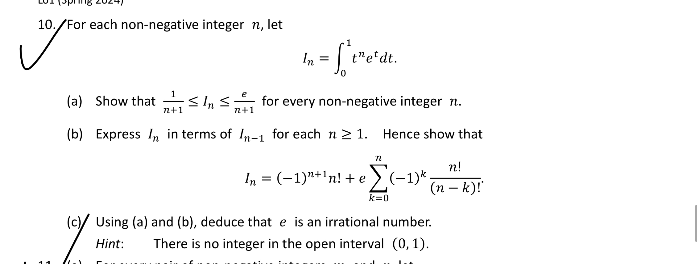 Solved For Each Non Negative Integer N ﻿letin∫01tnetdta 