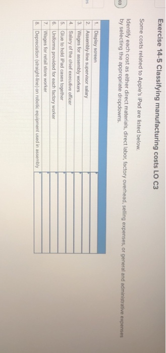 Solved Exercise 14-5 Classifying manufacturing costs LO C3 | Chegg.com Solved Exercise 14-5 Classifying manufacturing costs LO C3 | Chegg.com