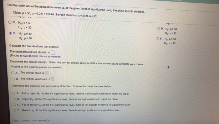 Solved Test the claim about the population mean,, at the | Chegg.com