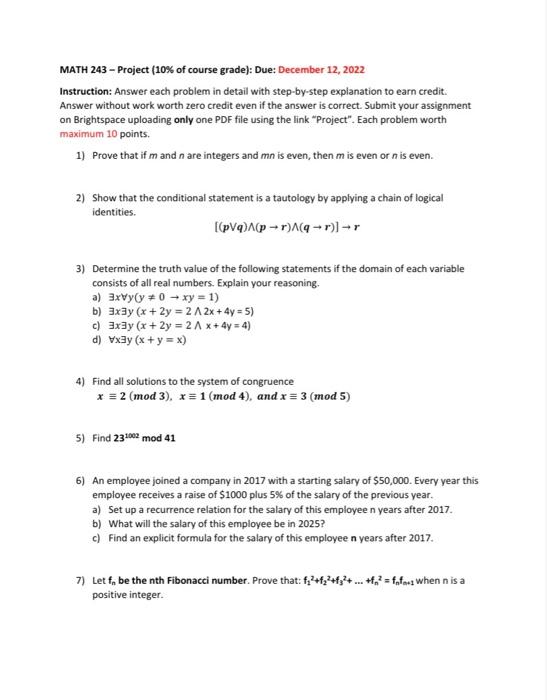 Solved MATH 243 - Project (10\% of course grade): Due: | Chegg.com