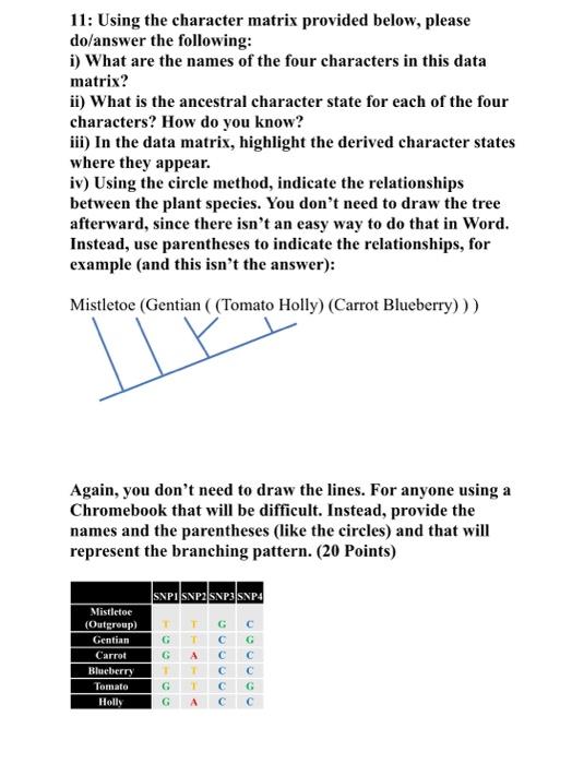Solved 11: Using the character matrix provided below, please | Chegg.com