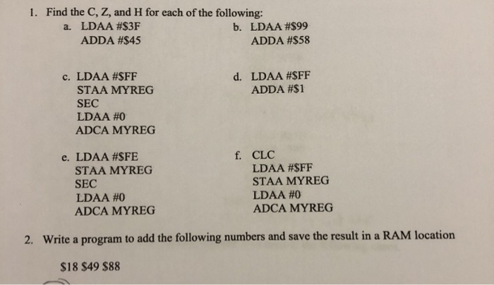 Solved 1. Find the C, Z, and H for each of the following: a. | Chegg.com