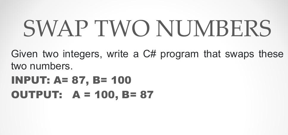 Solved SWAP TWO NUMBERS Given two integers, write a C# | Chegg.com