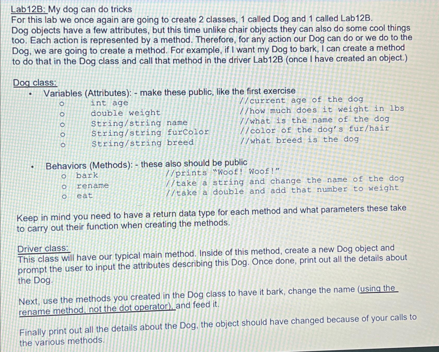 Solved (JAVA ONLY)Lab12B: My dog can do tricksFor this lab | Chegg.com