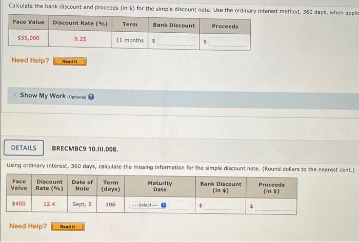 Solved Calculate the bank discount and proceeds (in $) for | Chegg.com