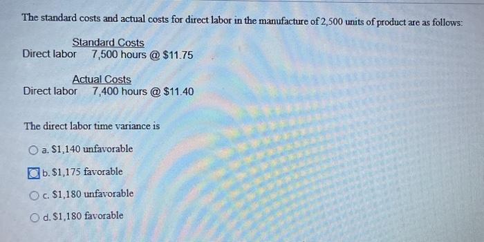 Solved The standard costs and actual costs for direct labor | Chegg.com