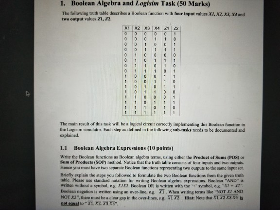 Solved 1. Boolean Algebra and Logisim Task (50 Marks) The | Chegg.com