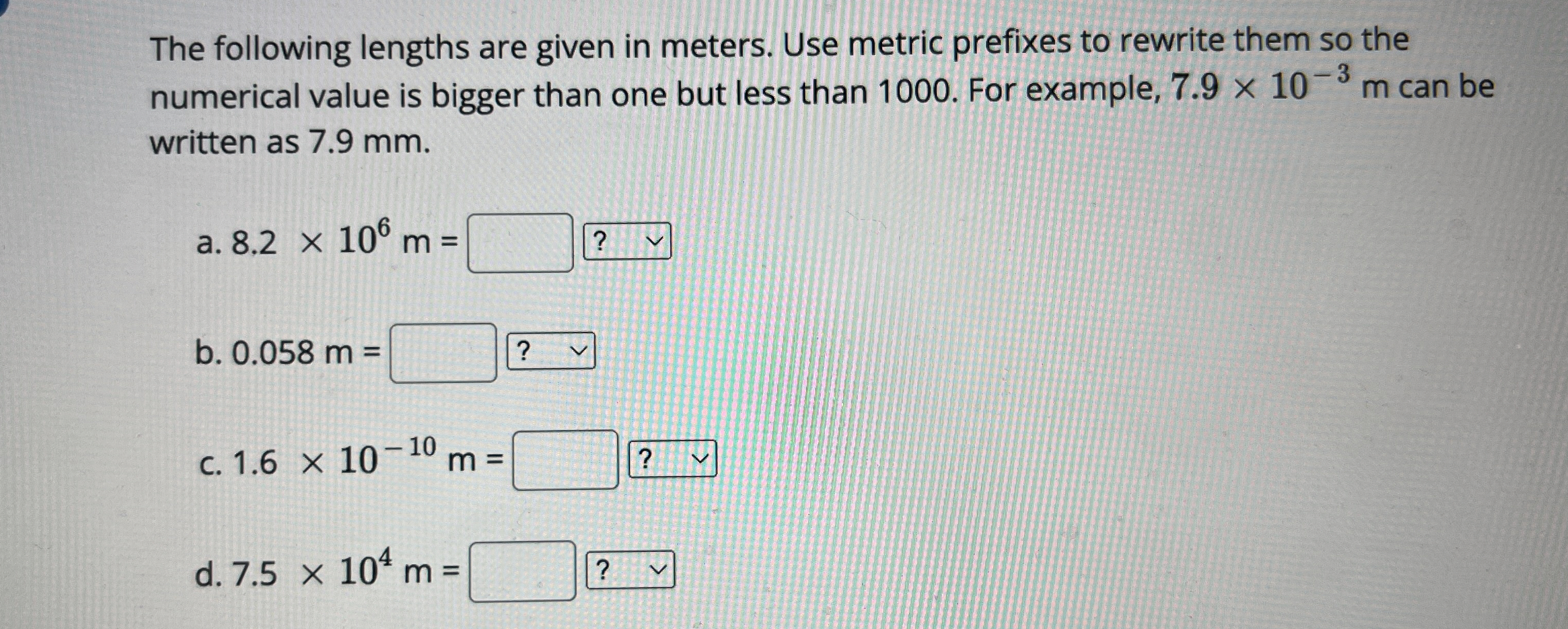 Solved The following lengths are given in meters. Use metric | Chegg.com