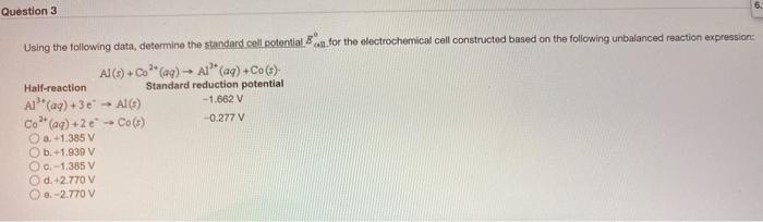 Solved Using the following data, determine the standard cell | Chegg.com