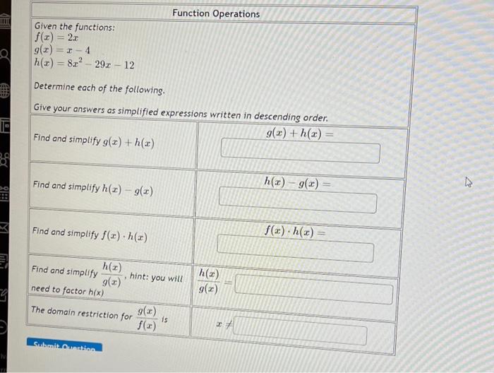 Solved Q CHA g -iv err Given the functions: f(x) = 2x g(x)= | Chegg.com
