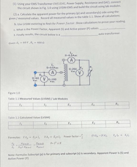 (1) Using your EMS Transformer EMS 8341, Power | Chegg.com