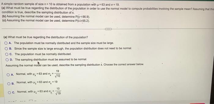 Solved simple random sample of size n=10 is obtained from a | Chegg.com