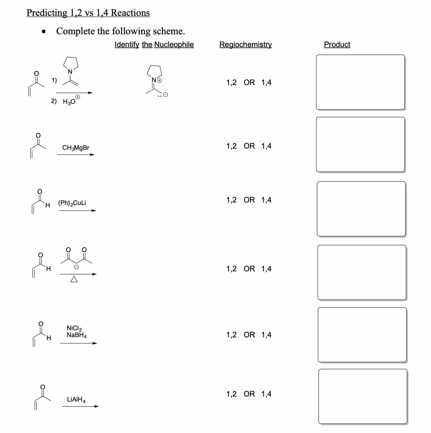 Solved Preducting 1,2 ﻿vs 1,4 ﻿reactions. Complete the | Chegg.com