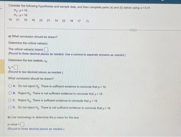 Solved Consider the following hypotheses and sample data, | Chegg.com