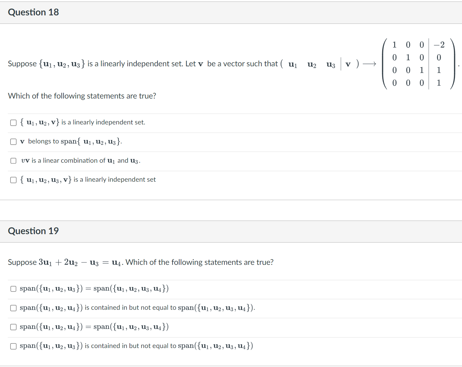 Solved Question 18 ﻿Suppose {u1,u2,u3} is ﻿a linearly | Chegg.com